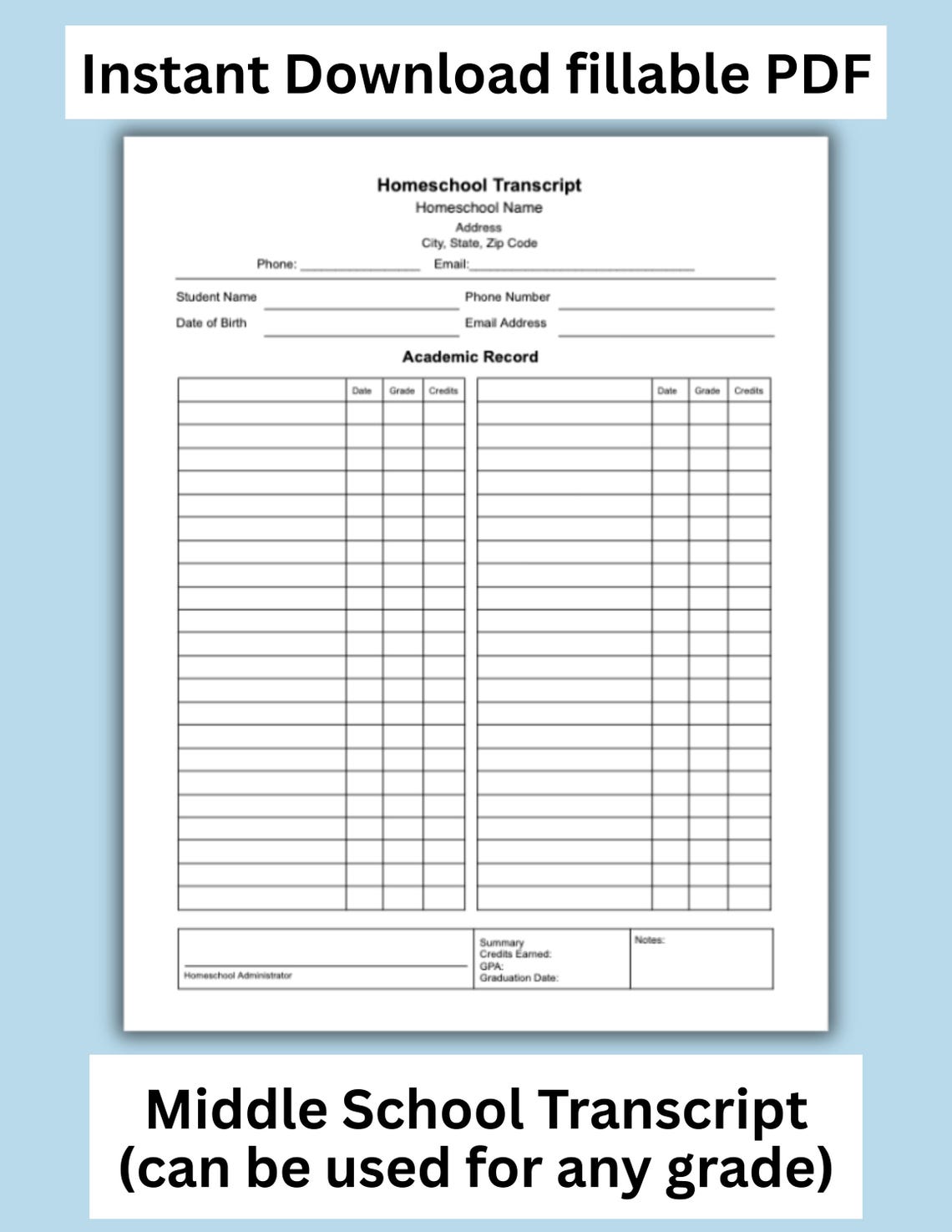Middle School Homeschool Transcript, Junior High or High School ...