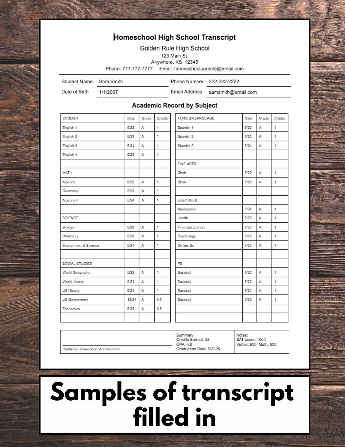 Printable High School Transcript, Simple Homeschool Transcript ...