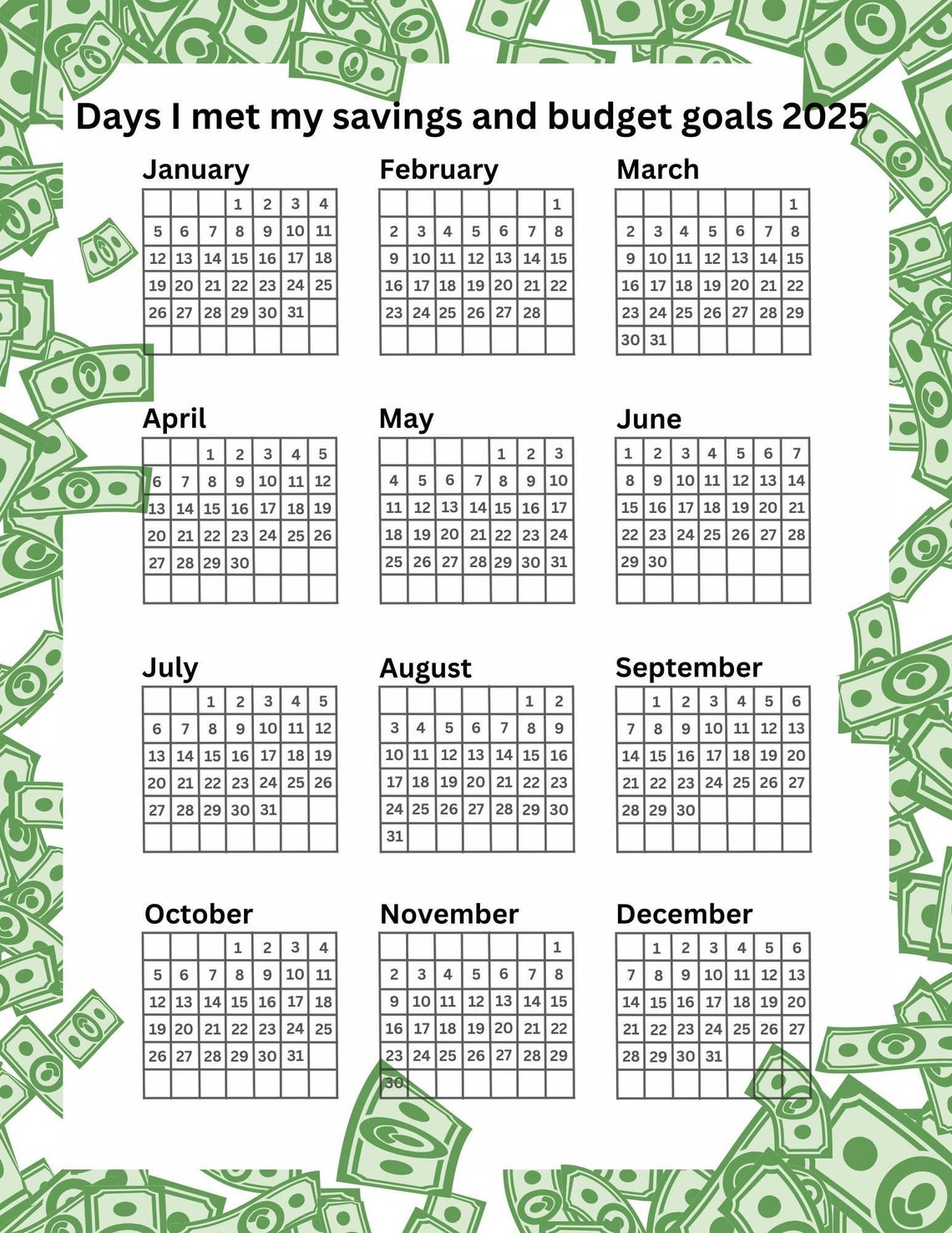 Budget and Savings Goals, Printable Calendar, New Years Resolution ...