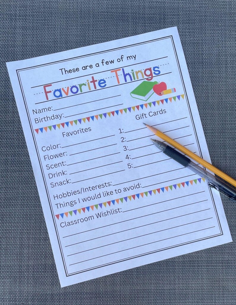 Teachers Favorite Things Printable Teacher Survey, All About My Teacher ...