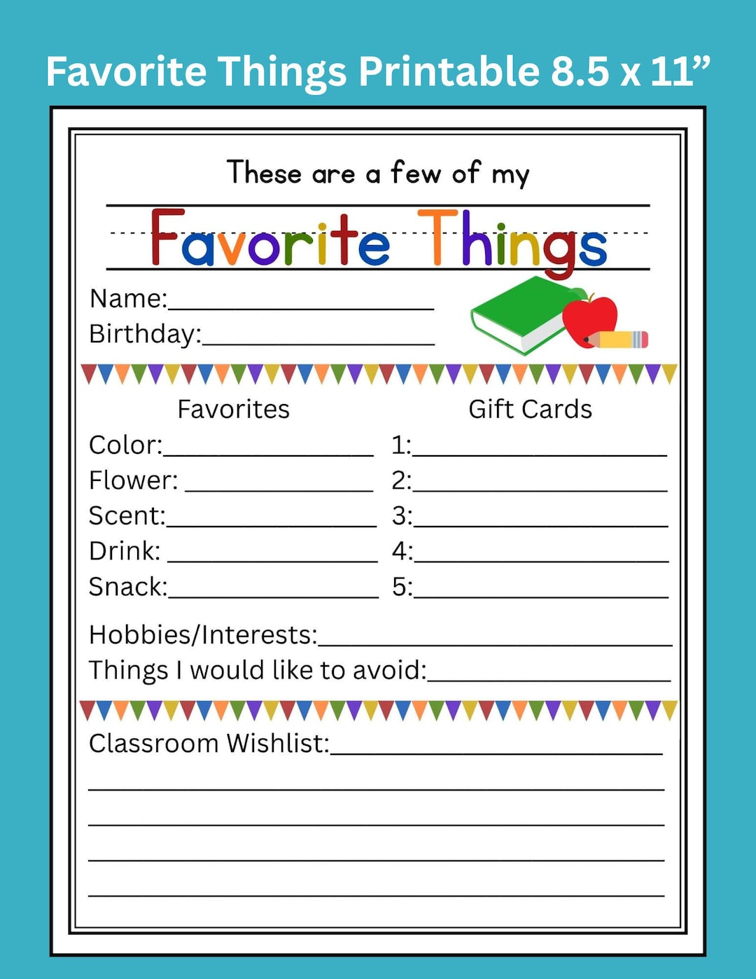 Teachers Favorite Things Printable Teacher Survey, All About My Teacher ...