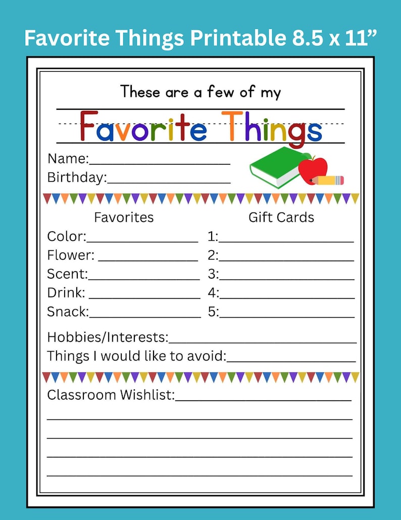 Teacher Favorite Things List, Back to School Gift Survey (PDF) - Etsy