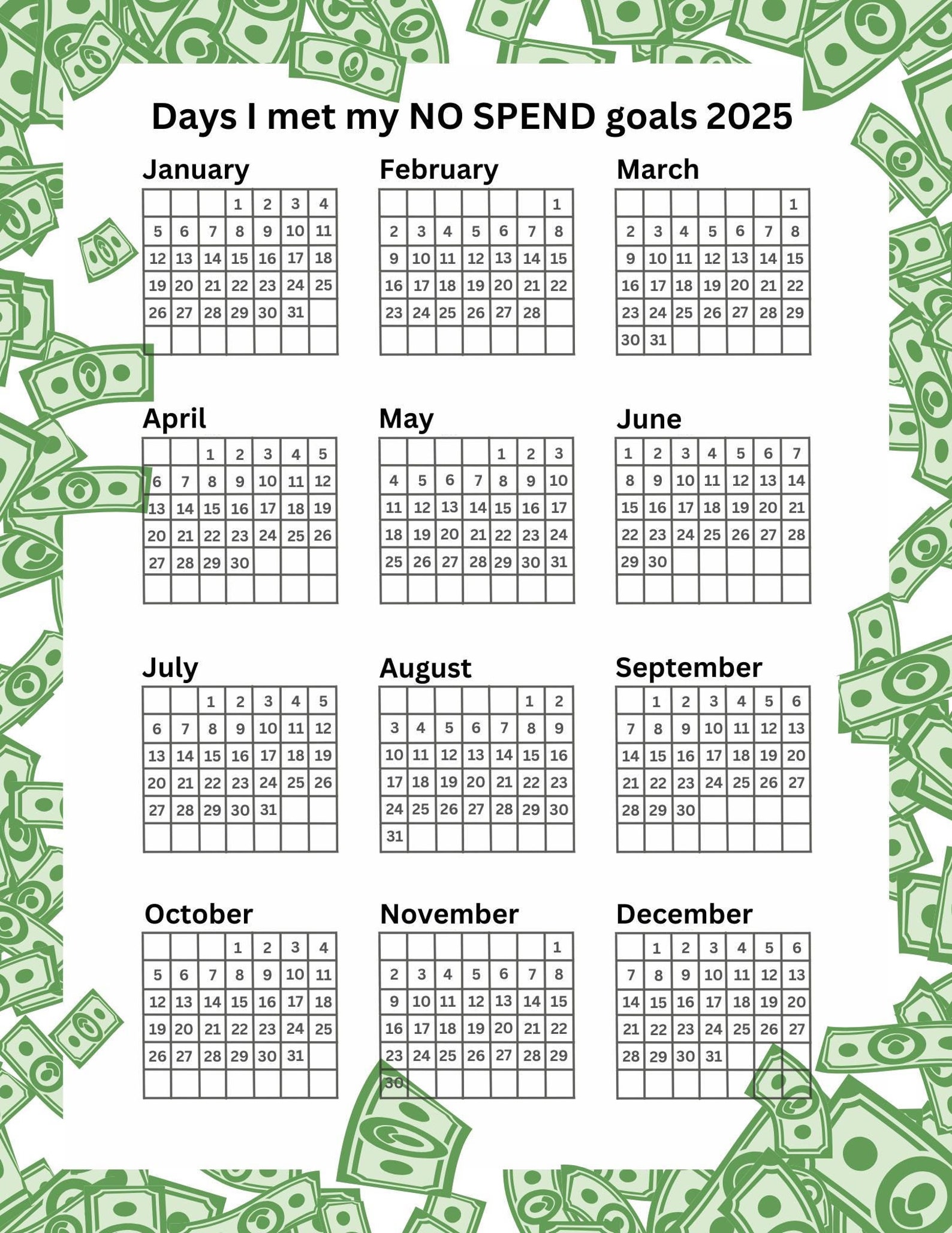 No Spend Printable Calendar, Non Essential Expenses, New Years ...