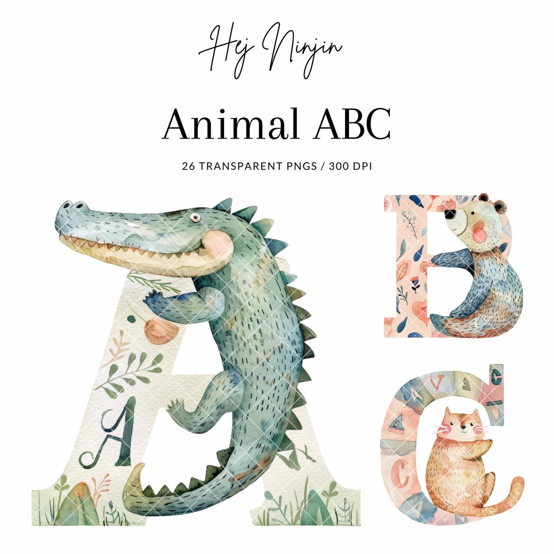 26 Watercolor Animal Alphabet Clipart, Clipart for School Kids, Letters ...
