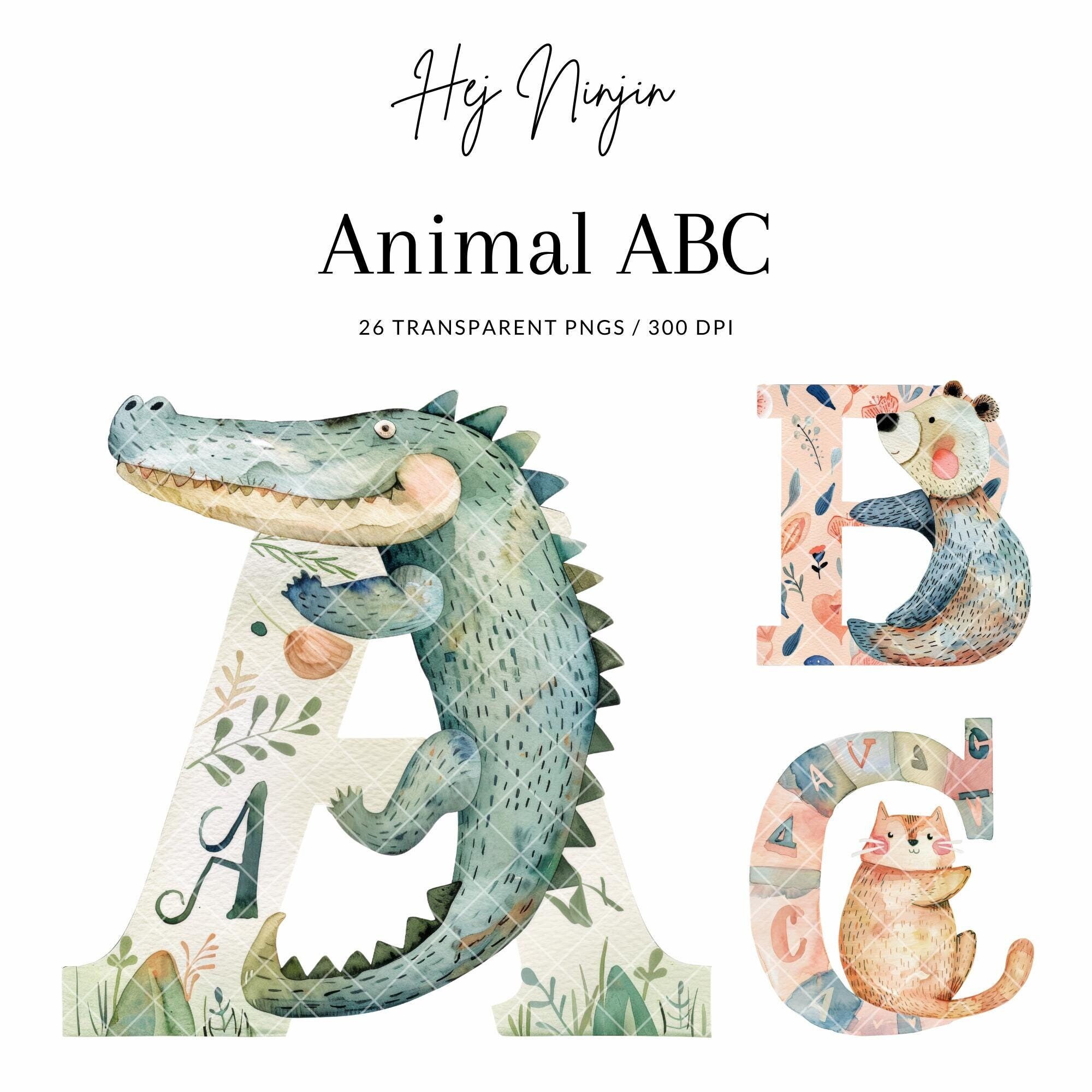 26 Watercolor Animal Alphabet Clipart, Clipart for School Kids, Letters ...