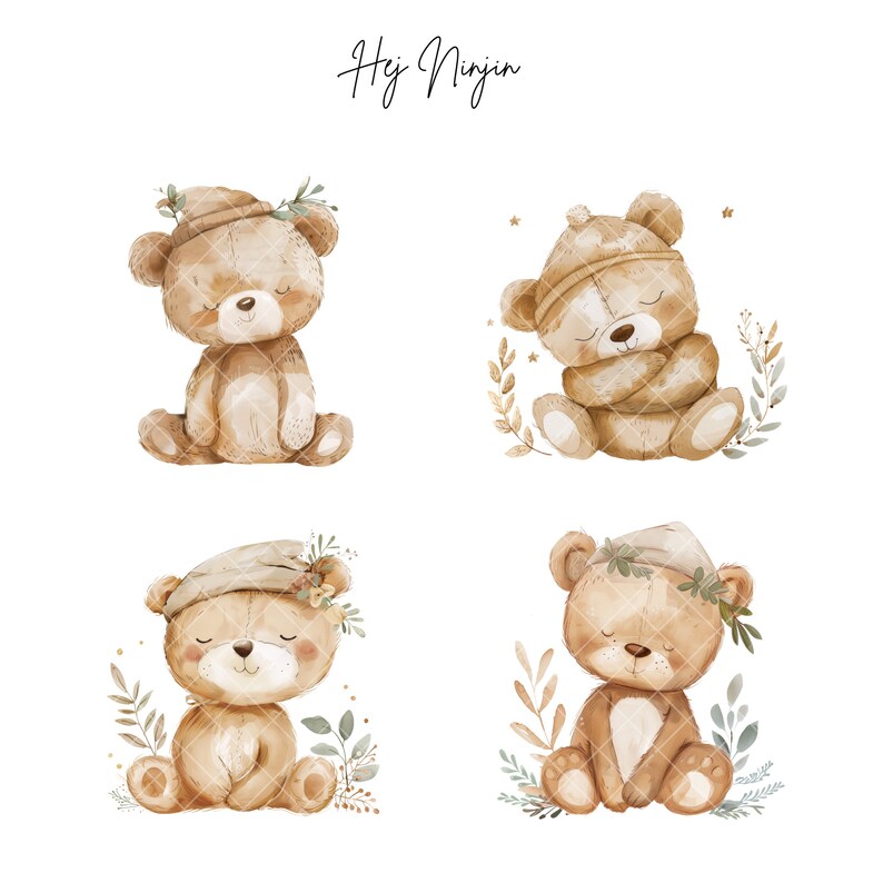 24 Watercolor Cute Teddy Bear Clipart, Sleepy Teddy Bears, Baby Shower ...