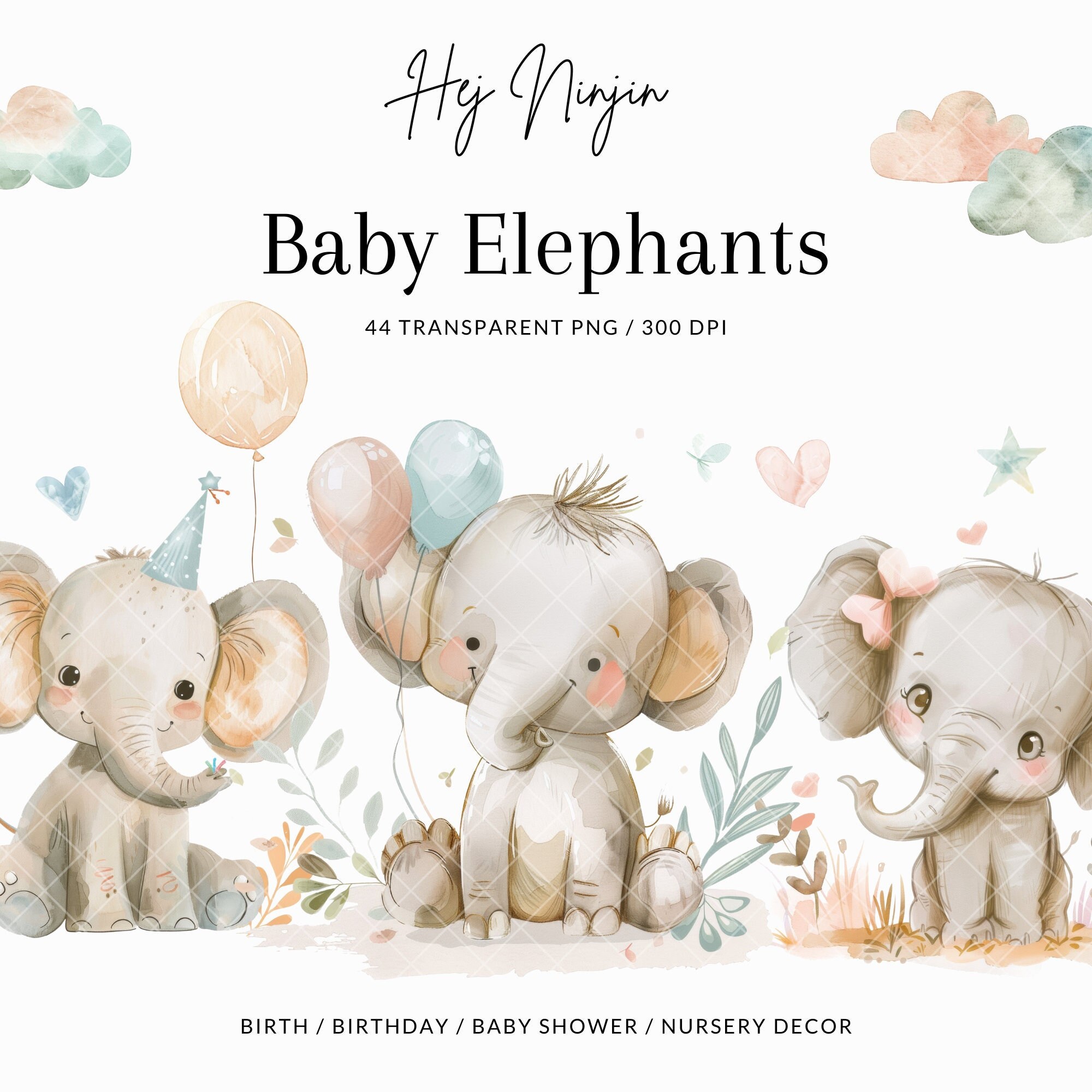 44 Watercolor Baby Elephant Birthday Clipart, Cute Elephant Clipart ...