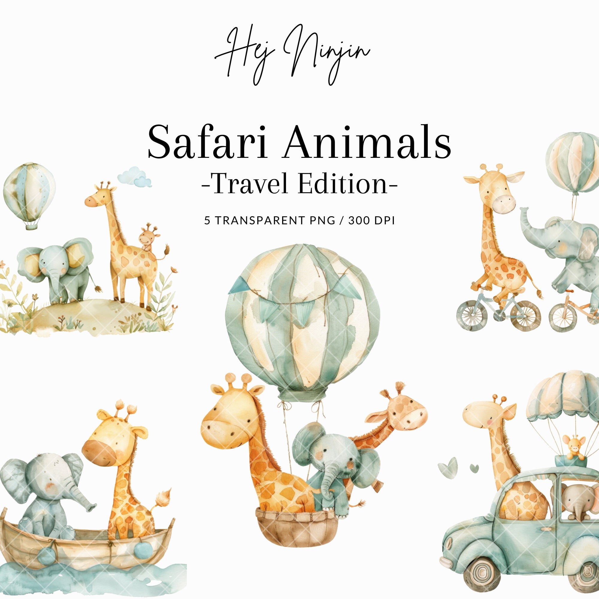 5 Cute Safari Animals Travel Edition, Watercolor Clipart Bundle ...