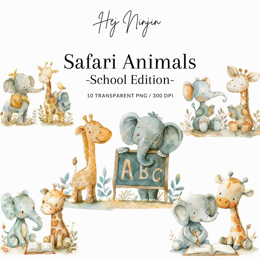 10 Cute Back to School Safari Animals, First Day at School, Clipart for ...