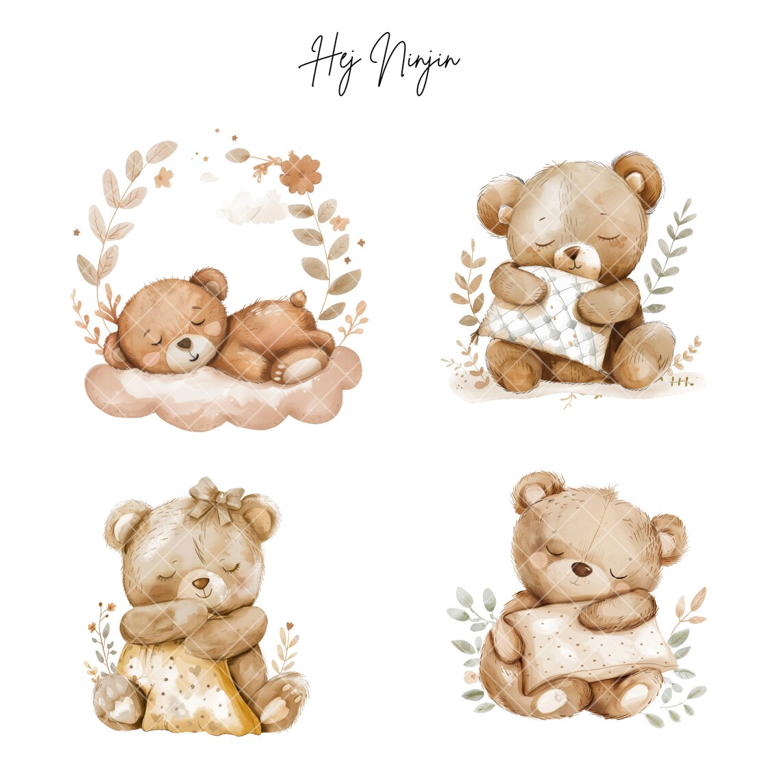 24 Watercolor Cute Teddy Bear Clipart, Sleepy Teddy Bears, Baby Shower ...
