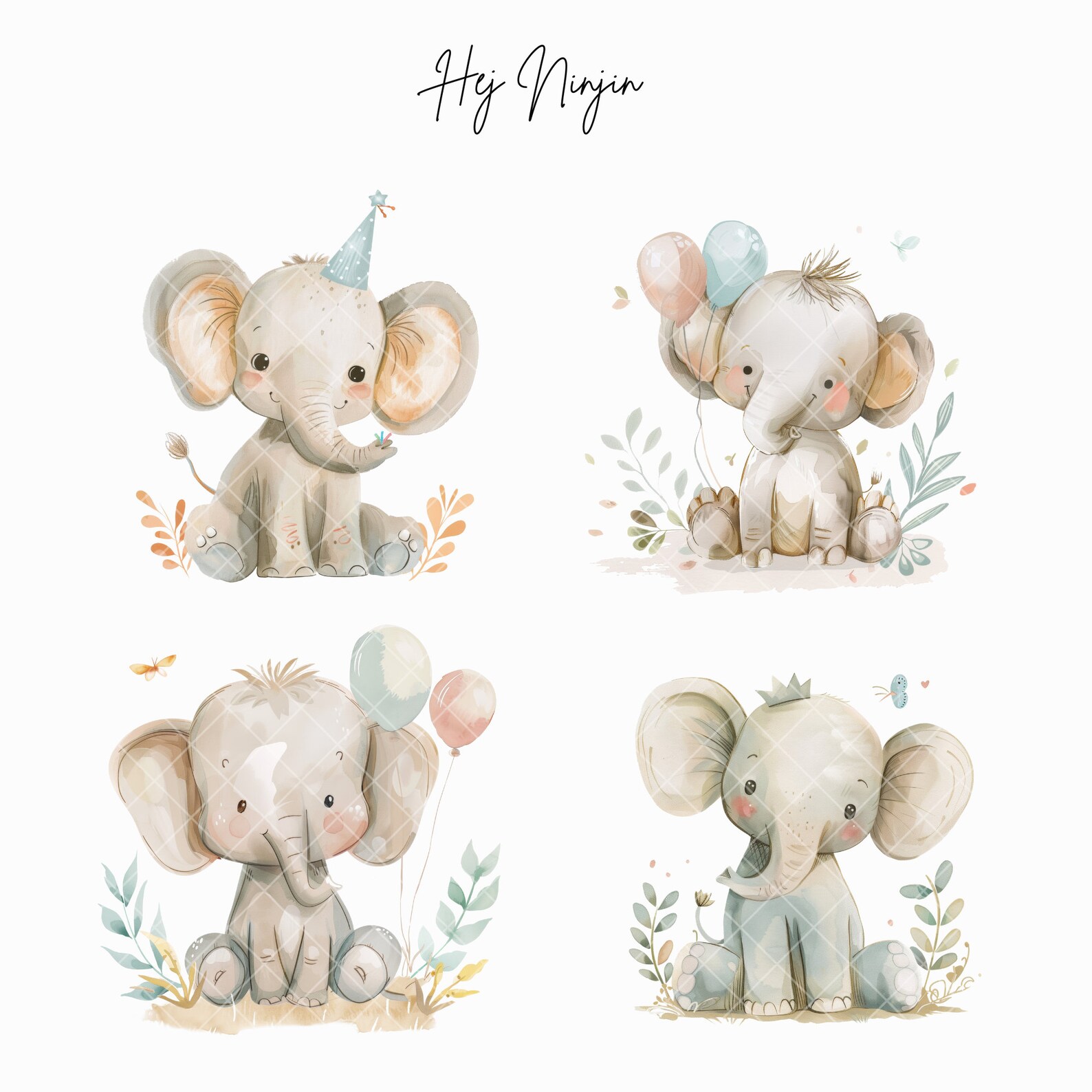 44 Watercolor Baby Elephant Birthday Clipart, Cute Elephant Clipart ...