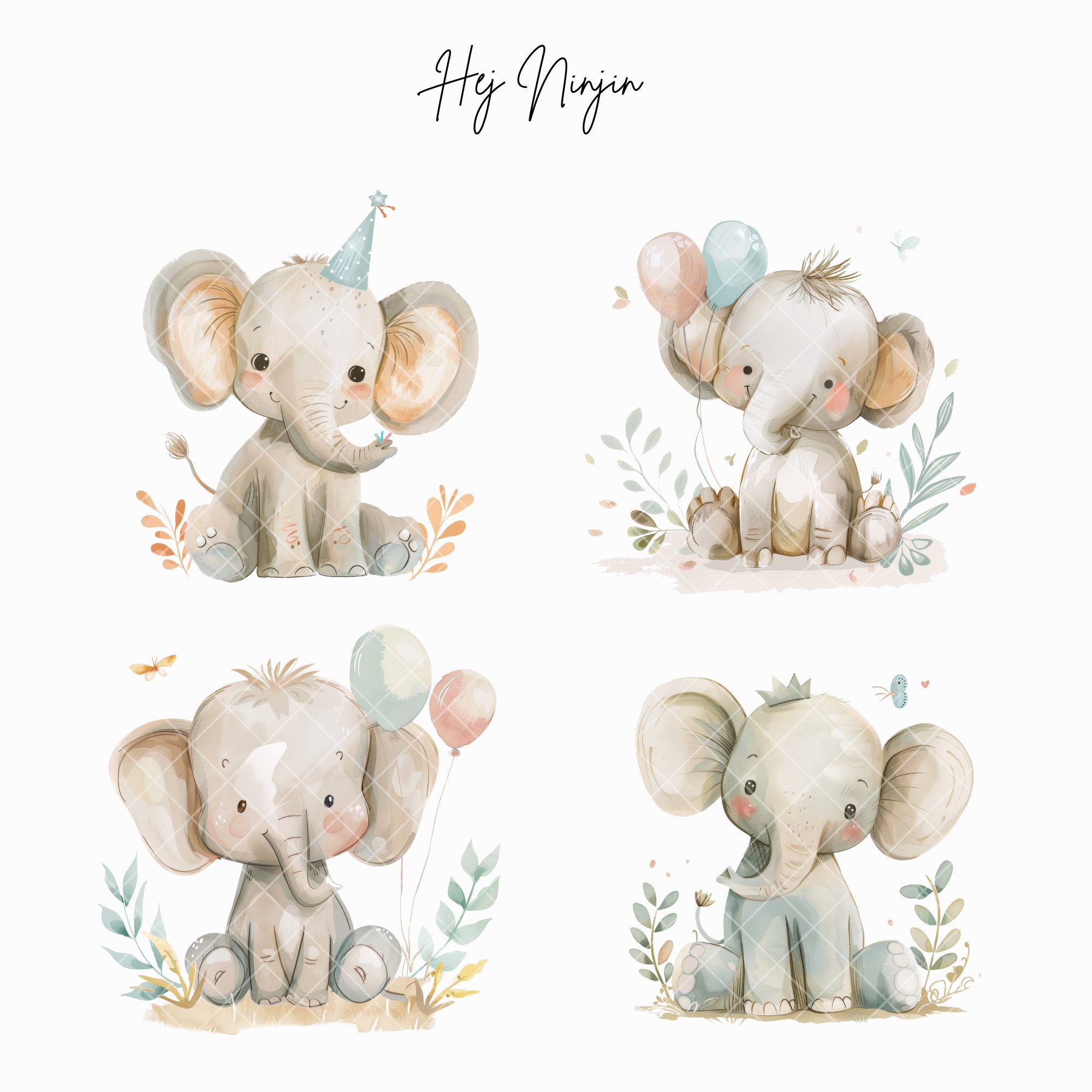 44 Watercolor Baby Elephant Birthday Clipart, Cute Elephant Clipart ...