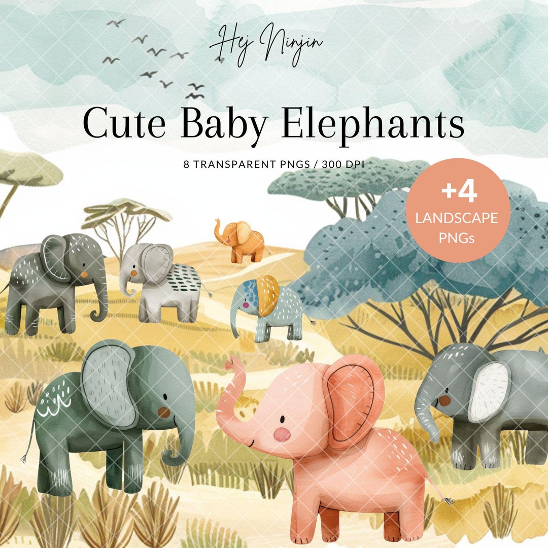 8 Cute Elephant Clipart + 4 Savannah Landscape Clipart, Safari Animals ...