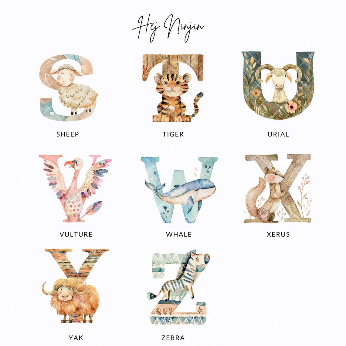 26 Watercolor Animal Alphabet Clipart, Clipart for School Kids, Letters ...