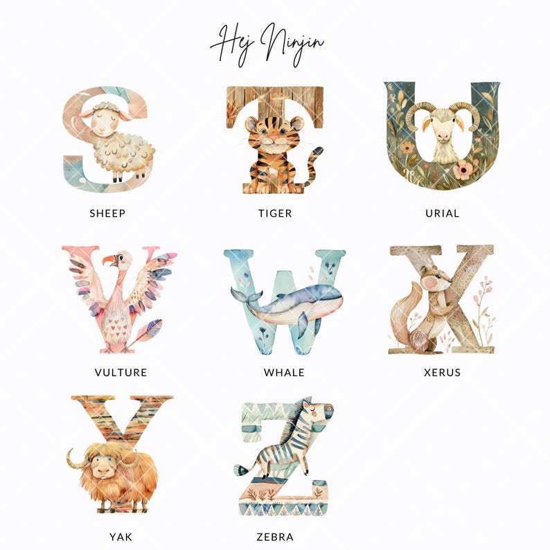 26 Watercolor Animal Alphabet Clipart, Clipart for School Kids, Letters ...