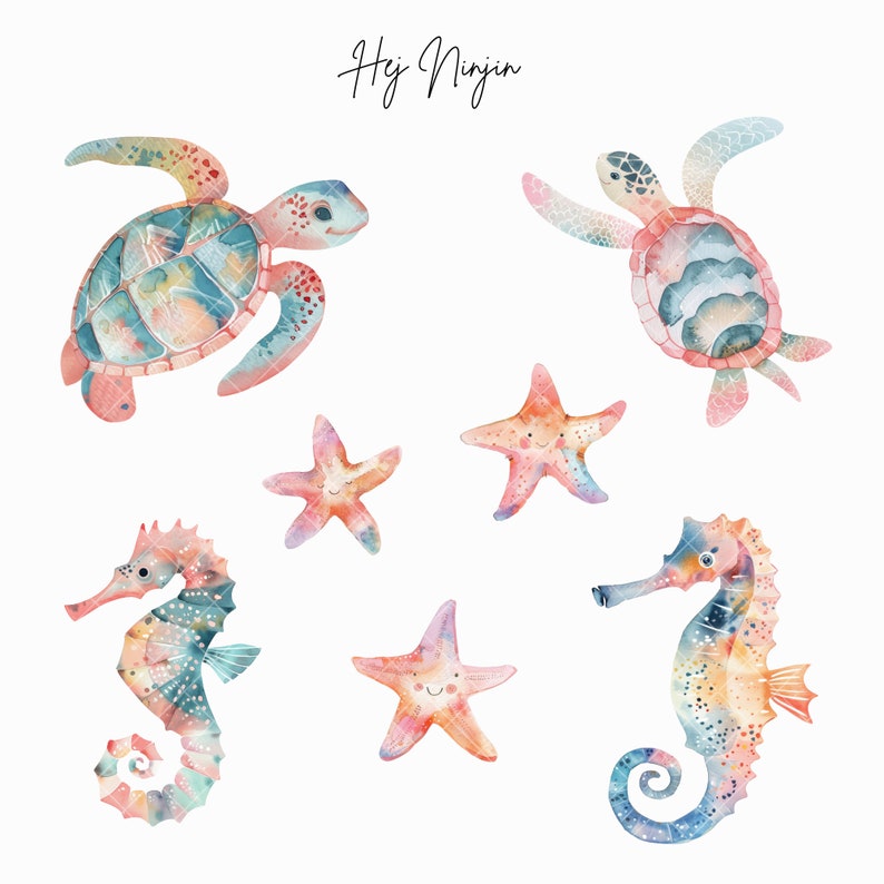 32 Watercolor Sea Life Clipart, Undersea Animals & Mermaids, Whale ...