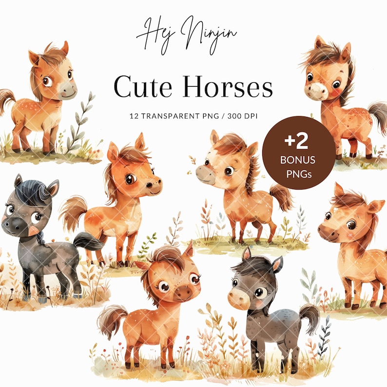 12 Cute Horse Clipart Bundle - Watercolor Horse, Baby Animals, Cute ...
