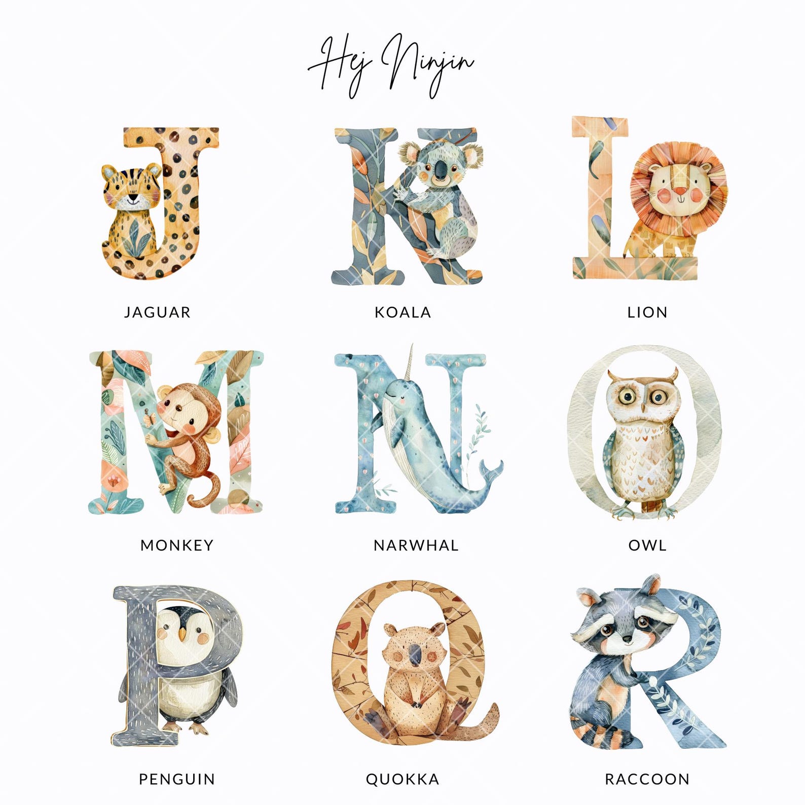 26 Watercolor Animal Alphabet Clipart, Clipart for School Kids, Letters ...