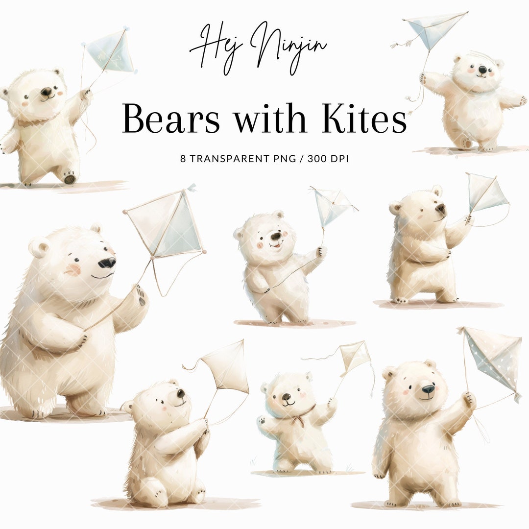 Cute Bear Clipart, Bears With Kites, Watercolor Clipart, Teddy Clipart ...