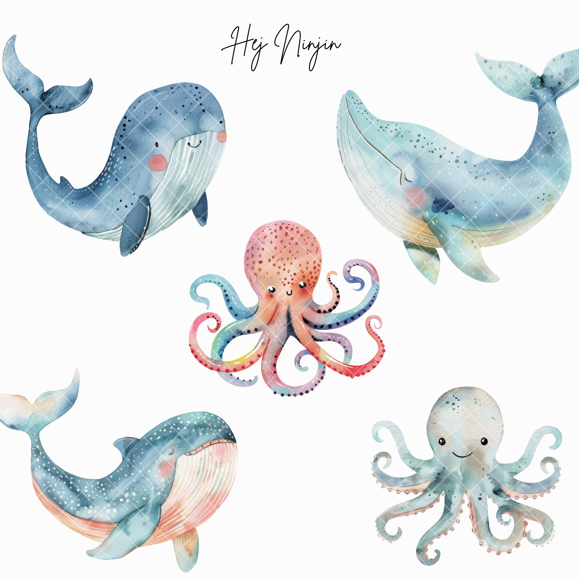 32 Watercolor Sea Life Clipart, Undersea Animals & Mermaids, Whale ...