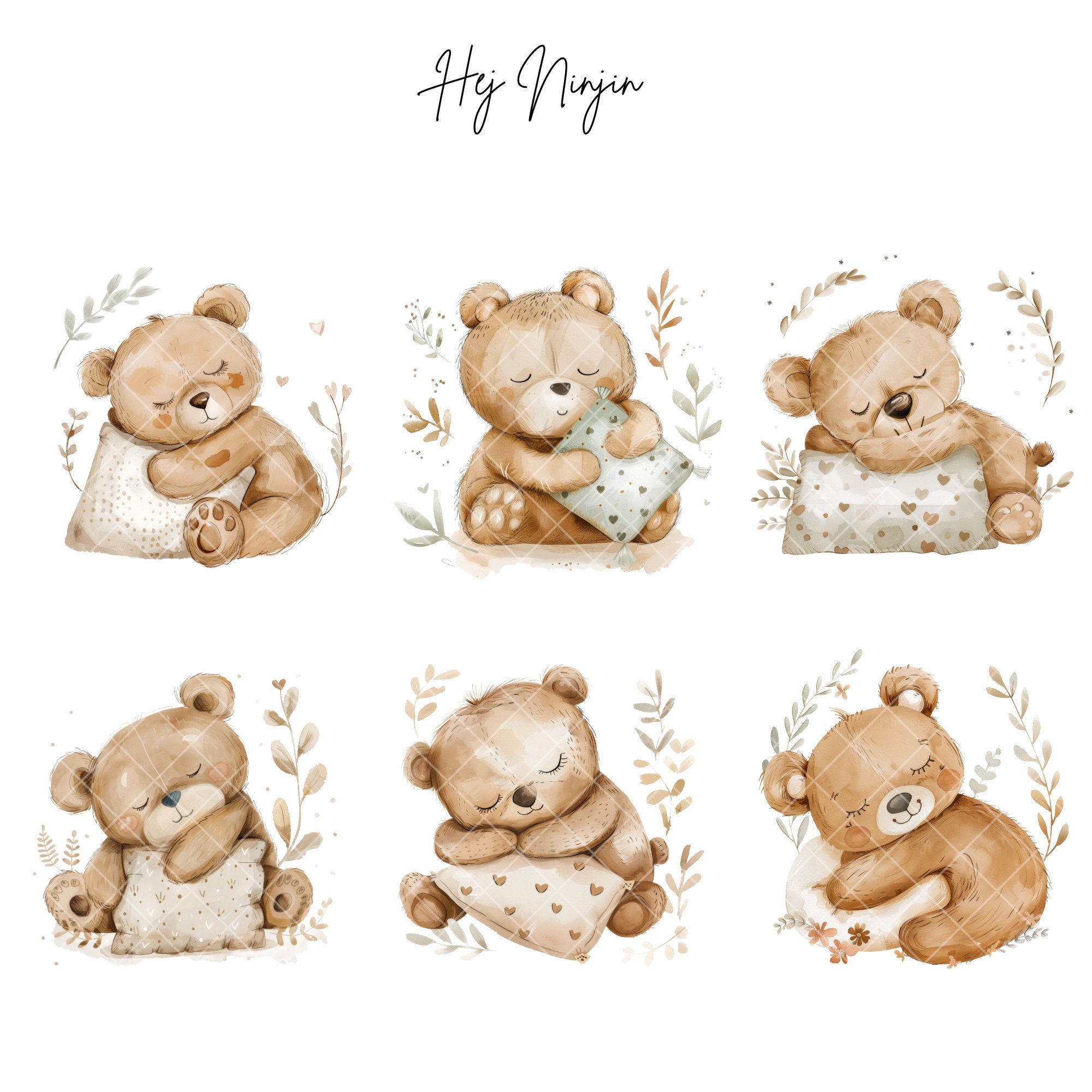 24 Watercolor Cute Teddy Bear Clipart, Sleepy Teddy Bears, Baby Shower ...