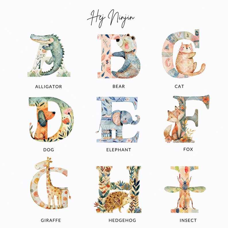 26 Watercolor Animal Alphabet Clipart, Clipart for School Kids, Letters ...