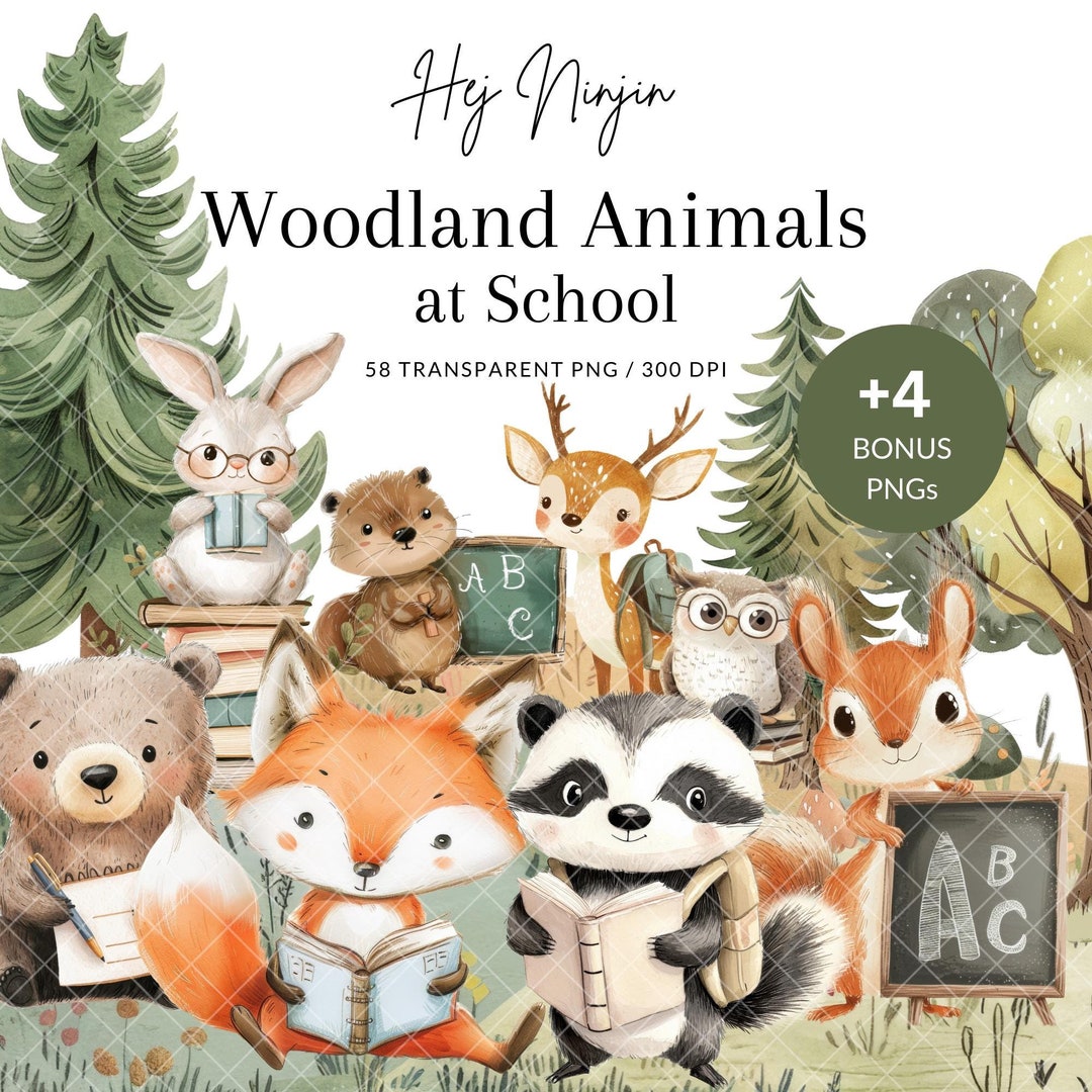 58 Cute Woodland Animal at School Clipart, Back to School, First Day of ...