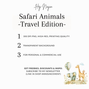 5 Cute Safari Animals Travel Edition, Watercolor Clipart Bundle ...