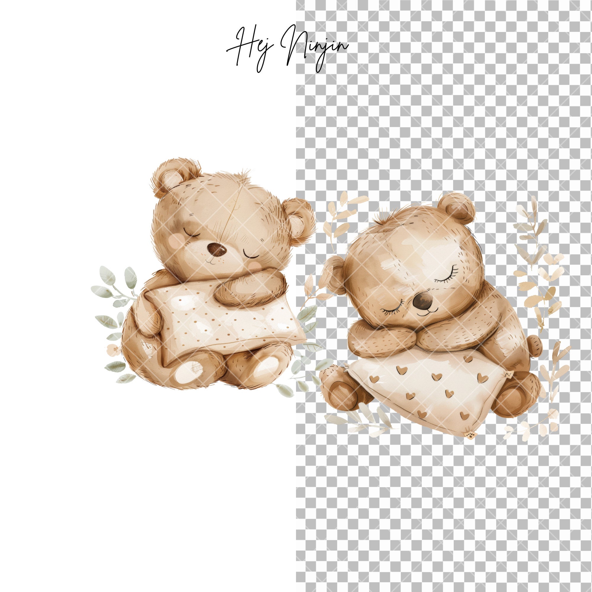 24 Watercolor Cute Teddy Bear Clipart, Sleepy Teddy Bears, Baby Shower ...