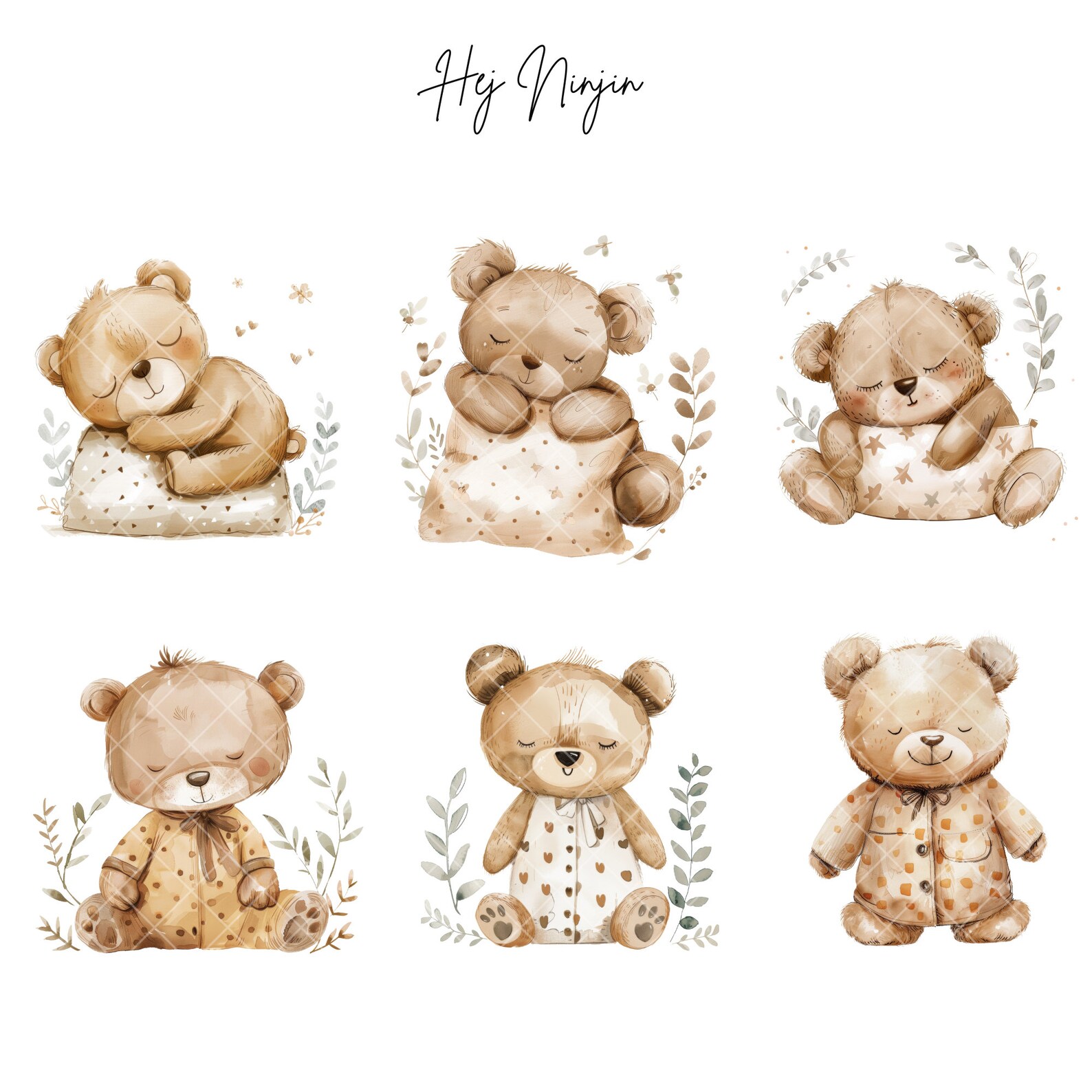 24 Watercolor Cute Teddy Bear Clipart, Sleepy Teddy Bears, Baby Shower ...
