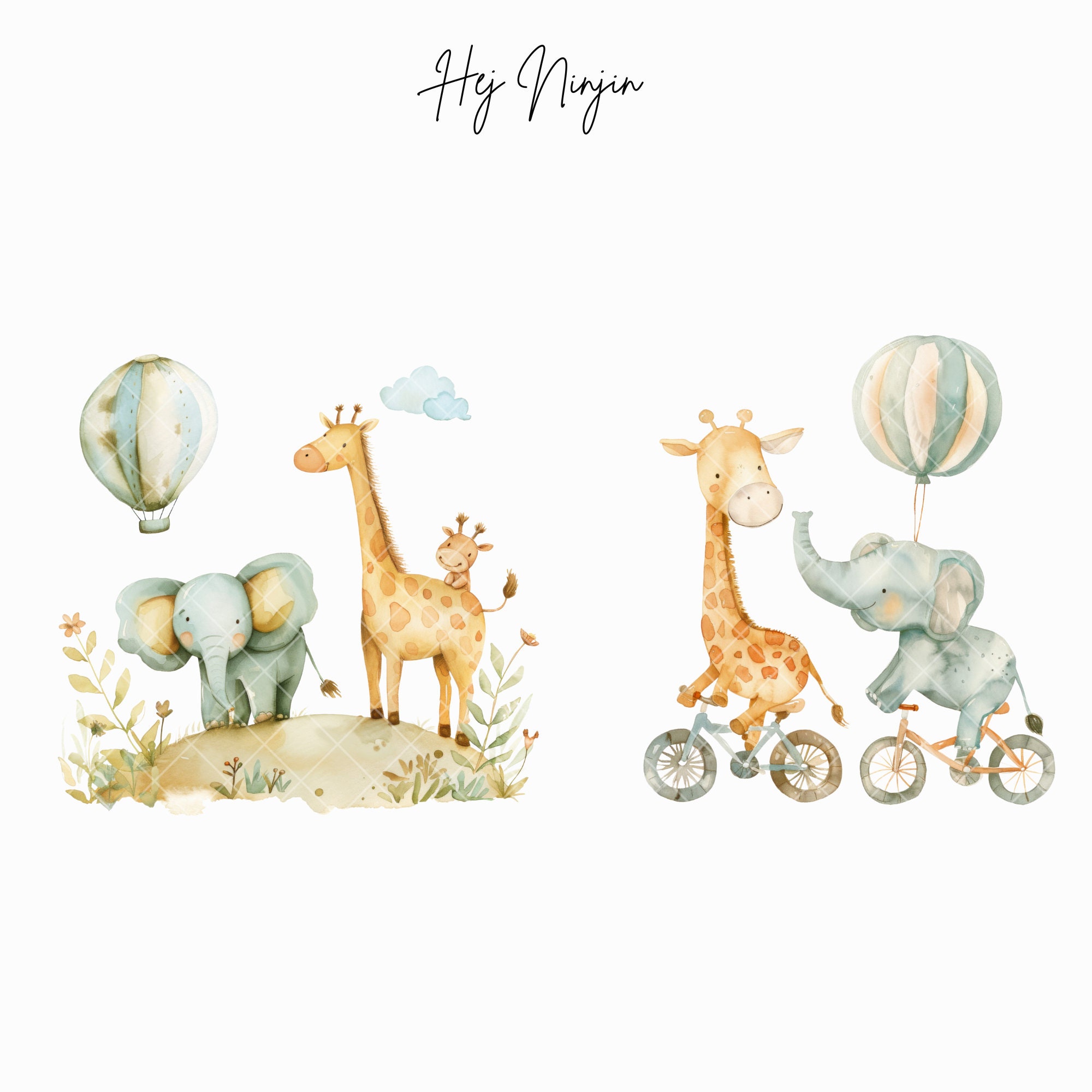 5 Cute Safari Animals Travel Edition, Watercolor Clipart Bundle ...