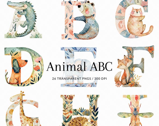 26 Watercolor Animal Alphabet Clipart, Clipart for School Kids, Letters ...