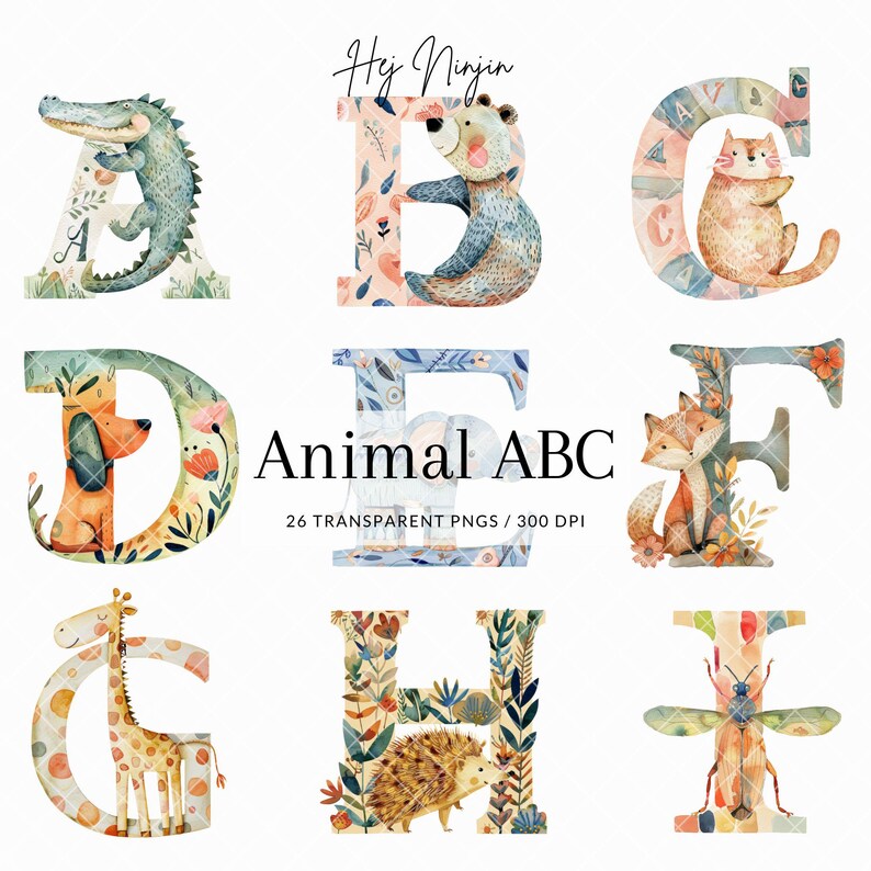 26 Watercolor Animal Alphabet Clipart, Clipart for School Kids, Letters ...