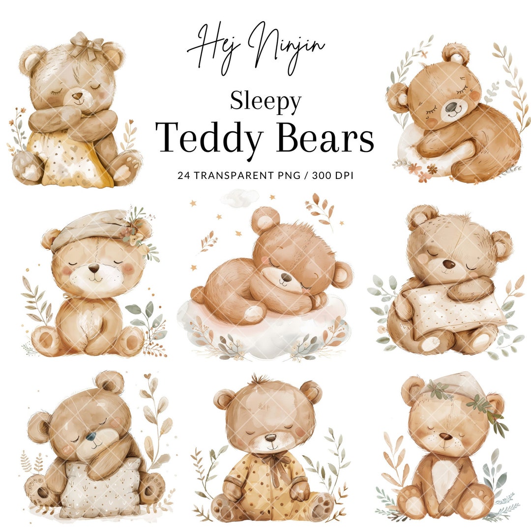 24 Watercolor Cute Teddy Bear Clipart, Sleepy Teddy Bears, Baby Shower ...
