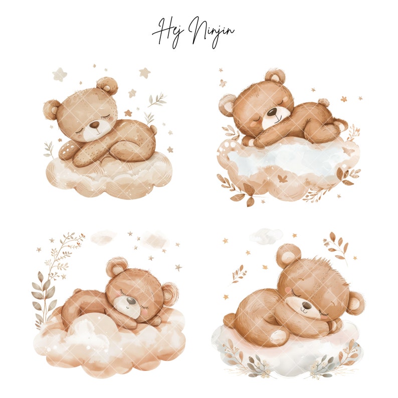 24 Watercolor Cute Teddy Bear Clipart, Sleepy Teddy Bears, Baby Shower ...