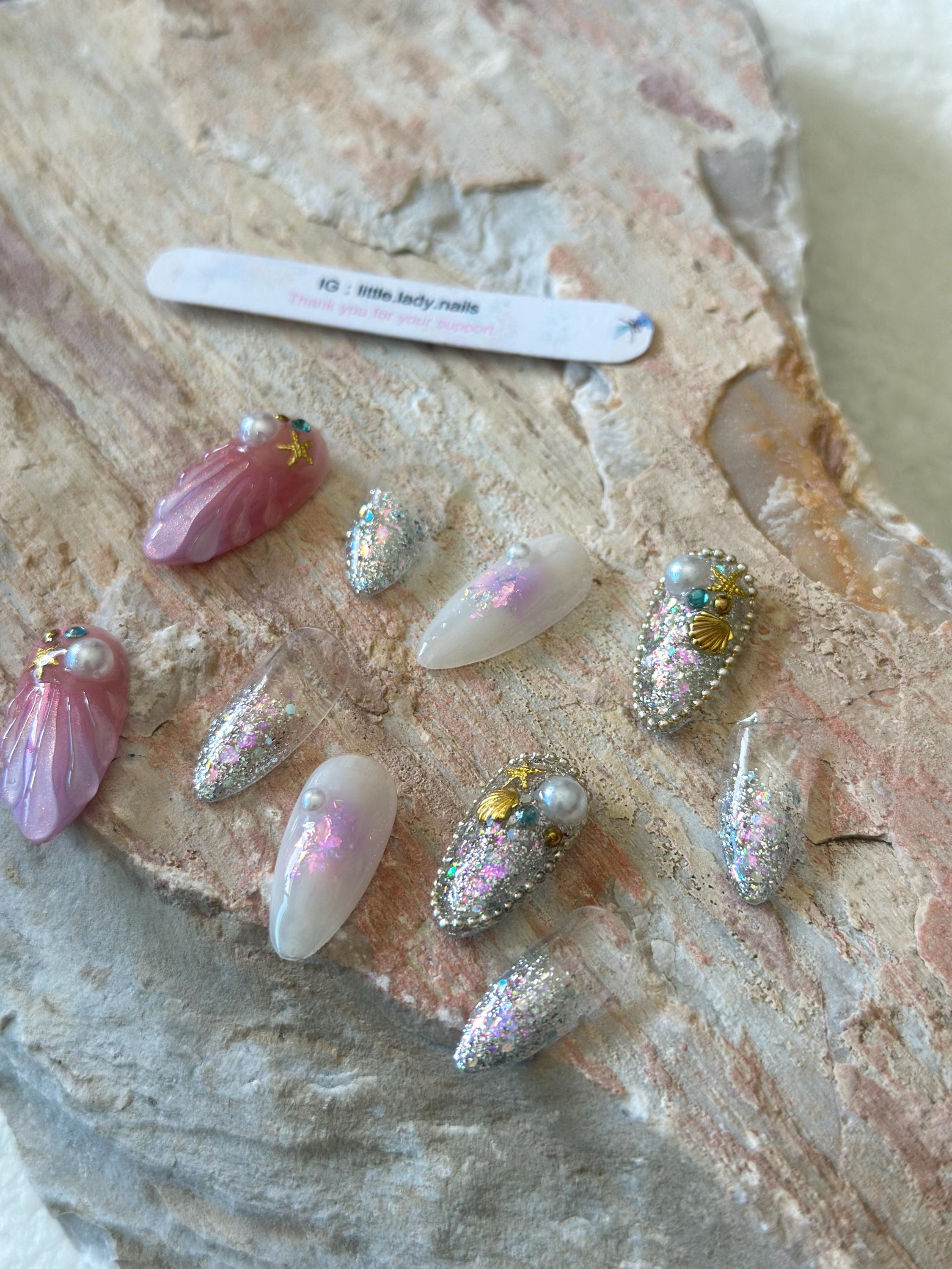 Under the Sea Sparkle - Pearl Mermaid Shell Nails in Soft Pink, Ocean ...