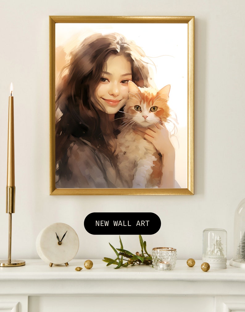 Girl and Cat Watercolor Portrait, Chinese Style Art (digital Download ...