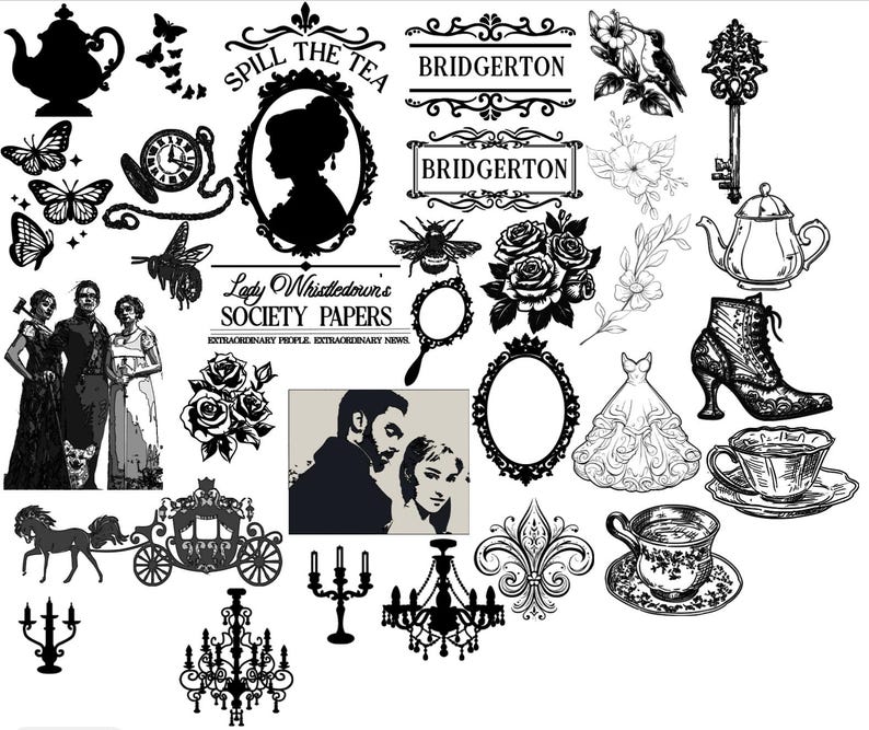 Regency Era Clipart Bundle: Bridgerton Silhouettes, Florals, Carriages ...