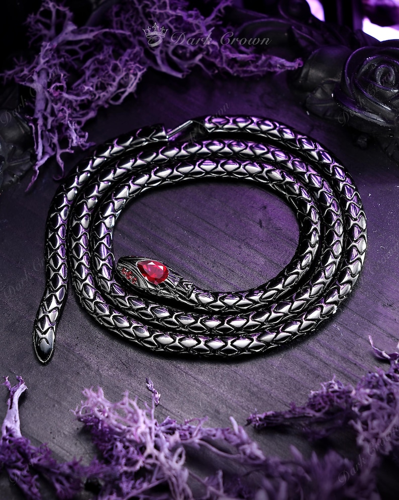 Gothic Lab Ruby Snake Choker Necklace, Red Gemstone Eye Black Serpent ...