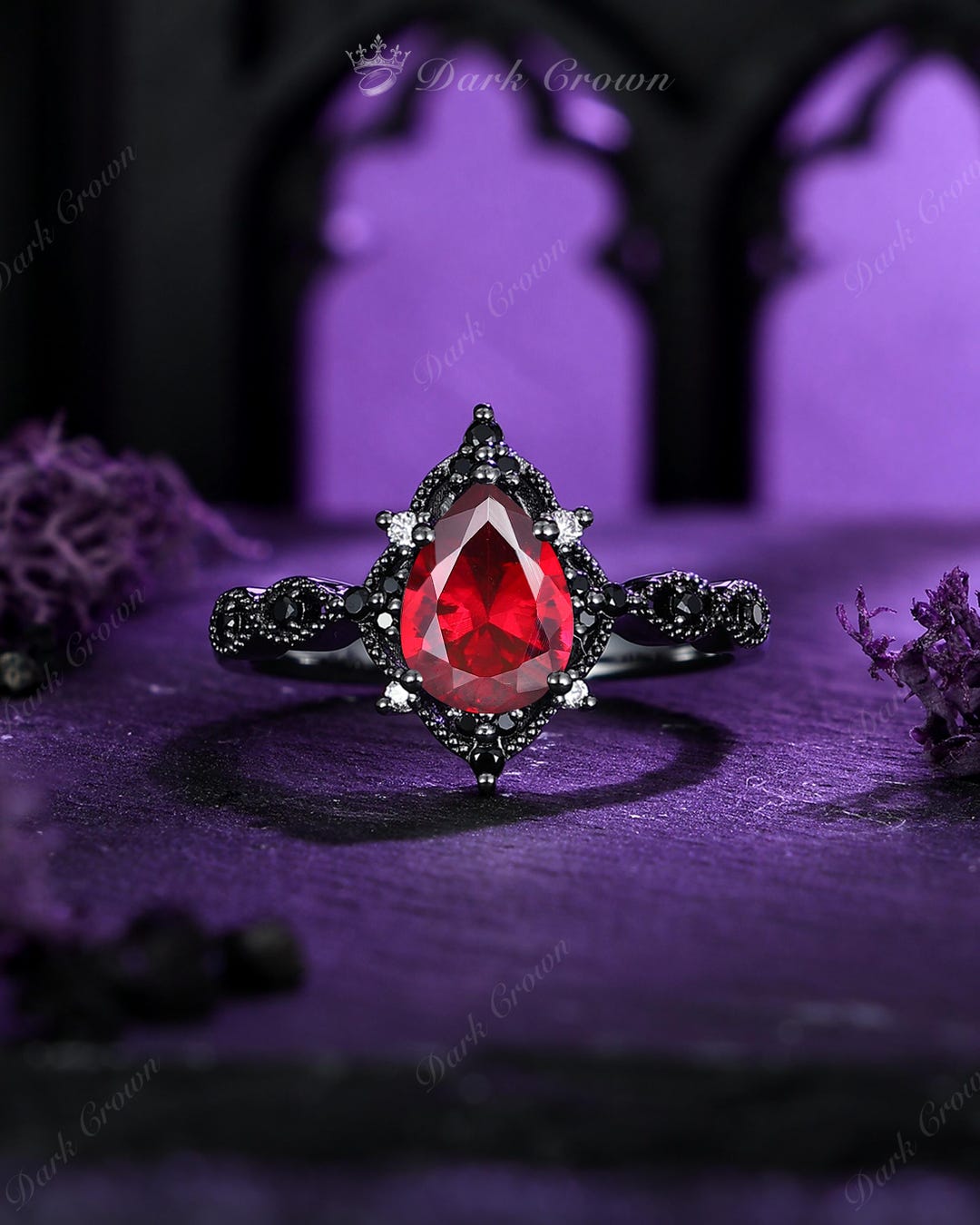 Vintage Pear Lab Ruby Milgrain Engagement Ring, Gothic Black Plated ...