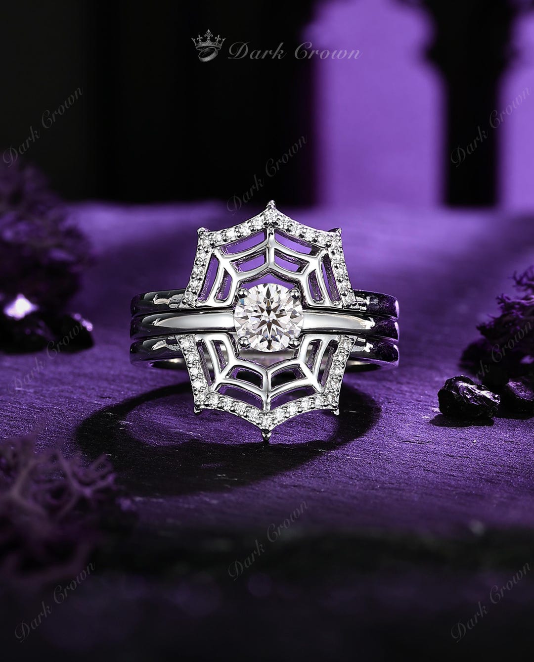 Gothic Spider Web Moissanite Bridal Ring Set, Silver Engagement Ring ...