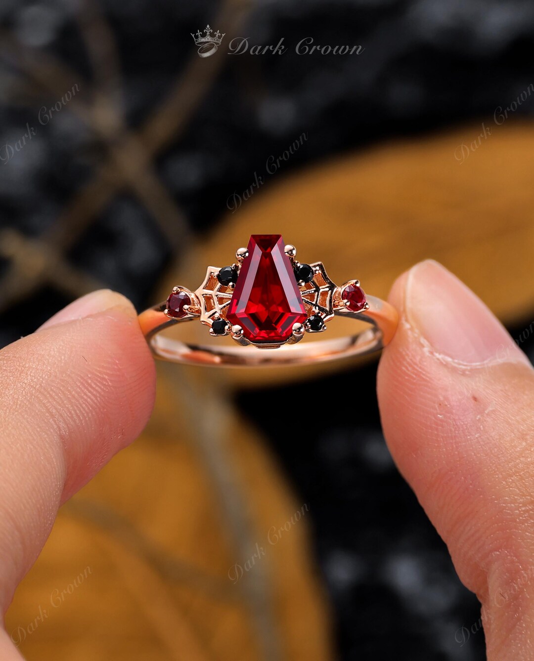 Gothic Spider Web Coffin Ruby Engagement Ring, Rose Gold Statement Ring ...