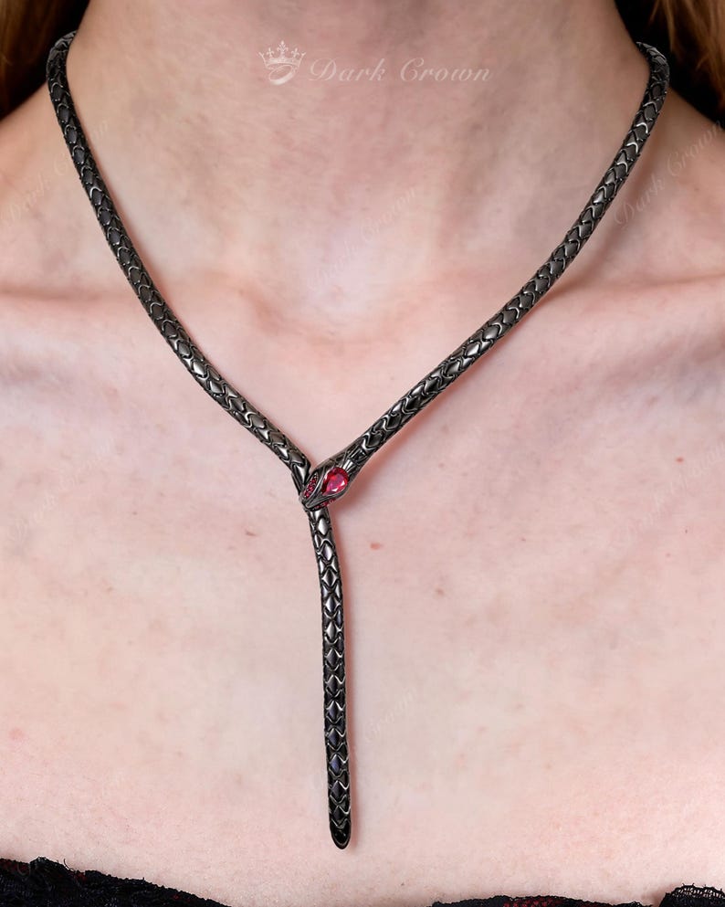 Gothic Lab Ruby Snake Choker Necklace, Red Gemstone Eye Black Serpent ...