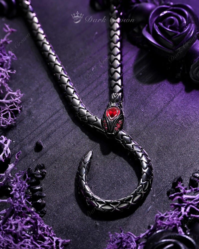 Gothic Lab Ruby Snake Choker Necklace, Red Gemstone Eye Black Serpent ...
