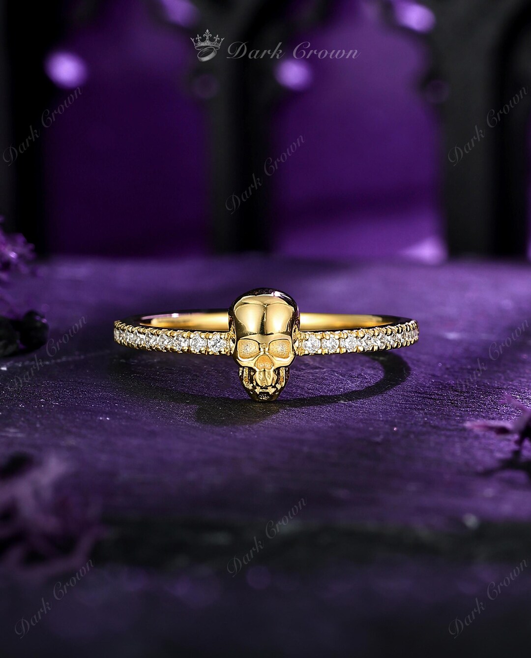 Horror Half Eternity Skull Wedding Ring, Gothic Yellow Gold Moissanite ...