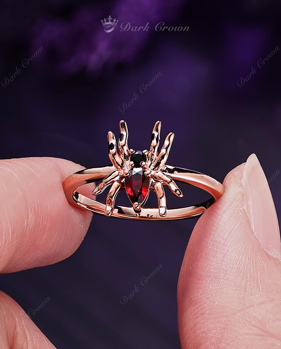 Gothic Spider Garnet Engagement Ring, Black Onyx Halloween Wedding Ring ...