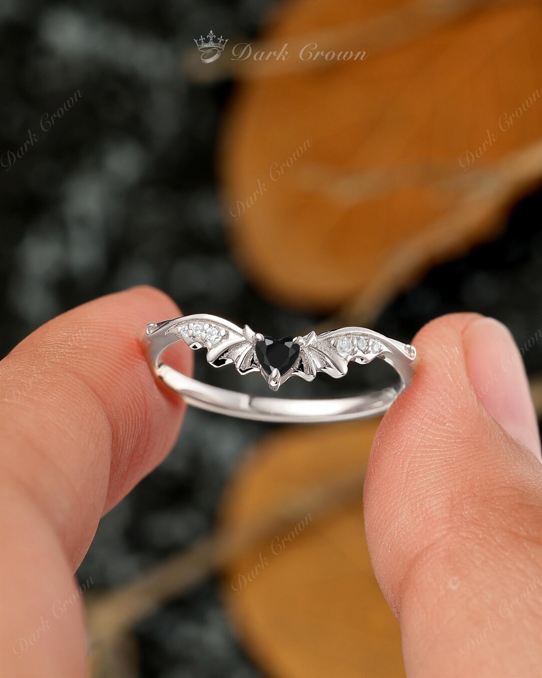 Gothic Bat Wing Wedding Band, White Gold Black Onyx Heart Ring With ...