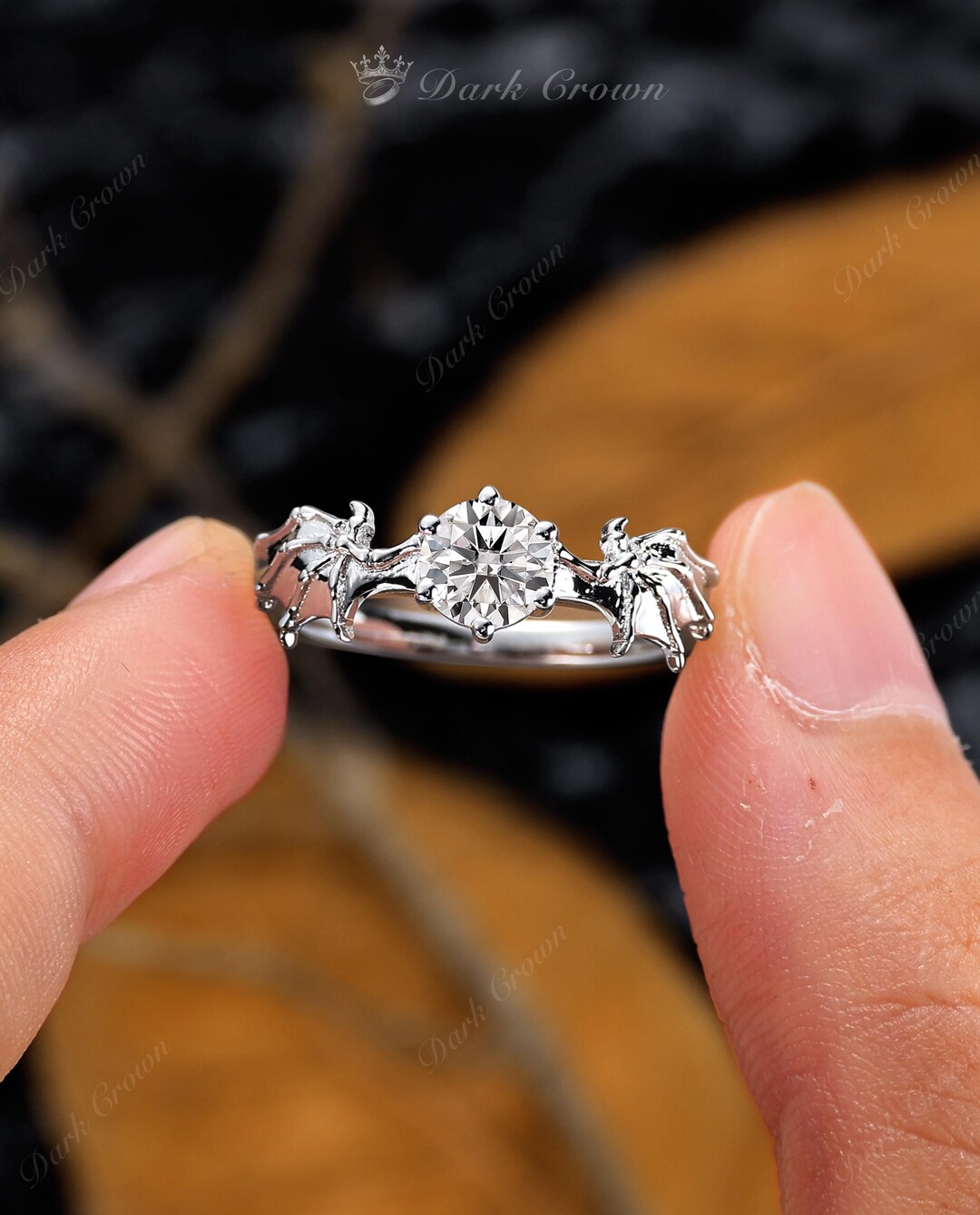 Gothic Bat Wing Moissanite Engagement Ring, Sterling Silver Solitaire ...