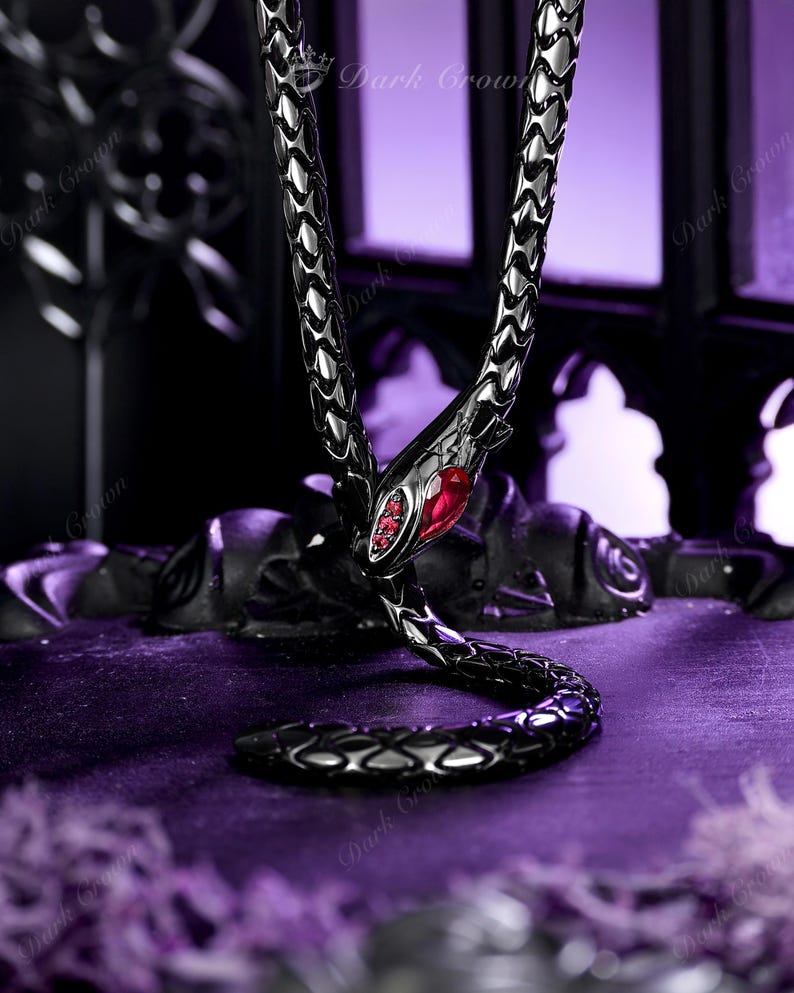Gothic Lab Ruby Snake Choker Necklace, Red Gemstone Eye Black Serpent ...