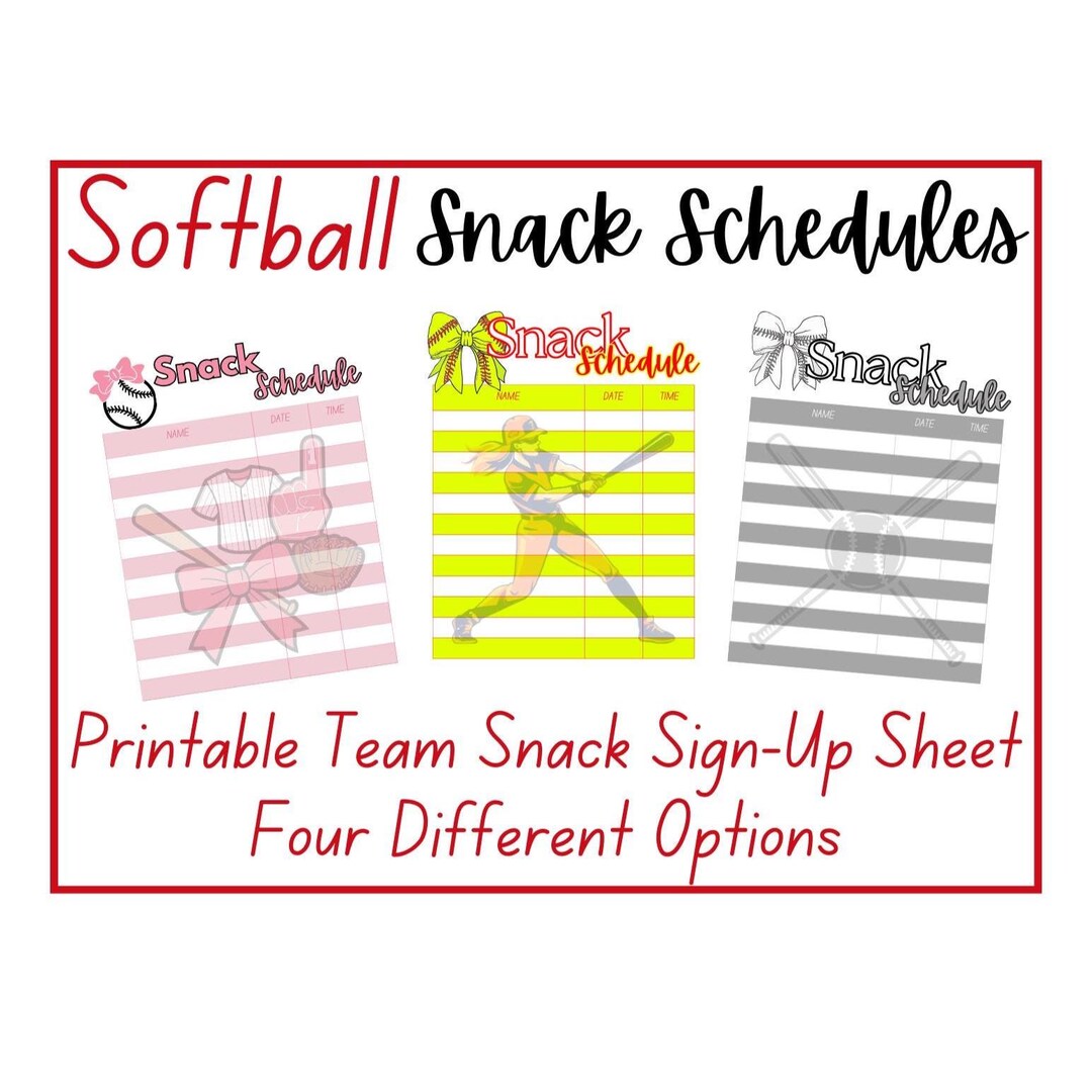 Softball Snack Schedule Printable | 4 Team Options (instant Download ...